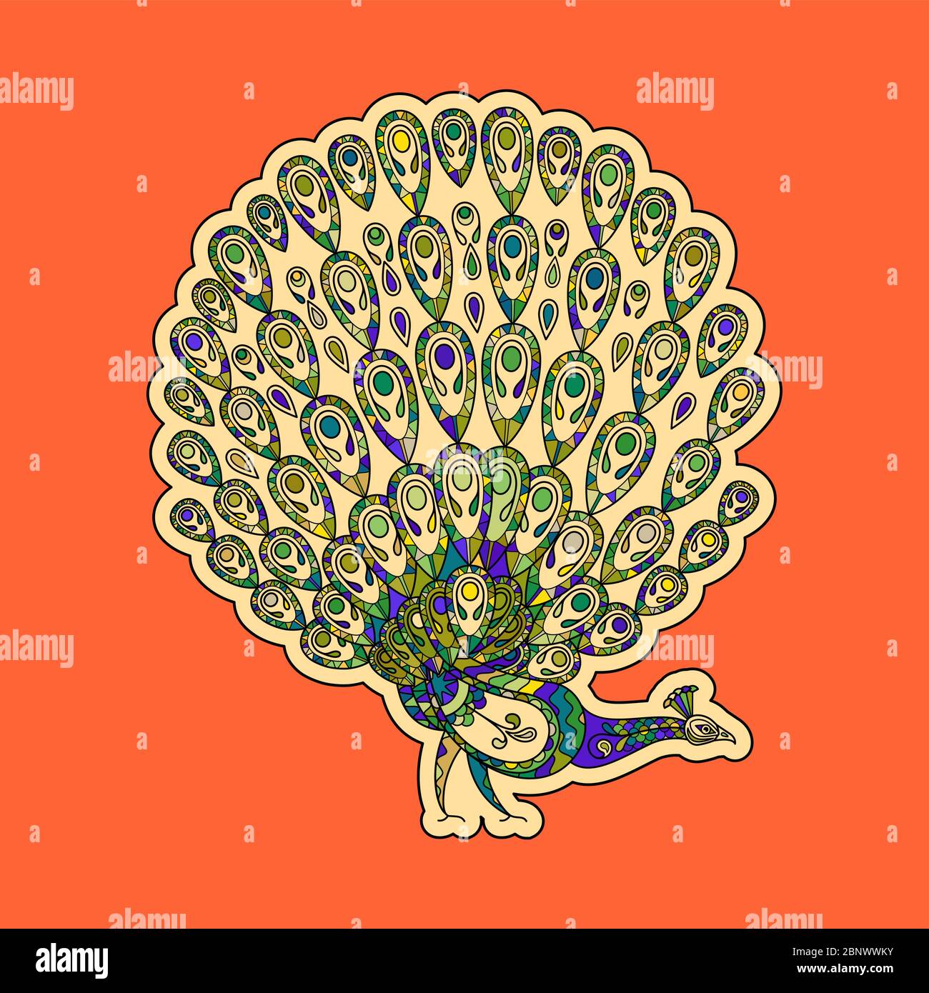 Colorful peacock sticker on the orange background. Vector illustration ...