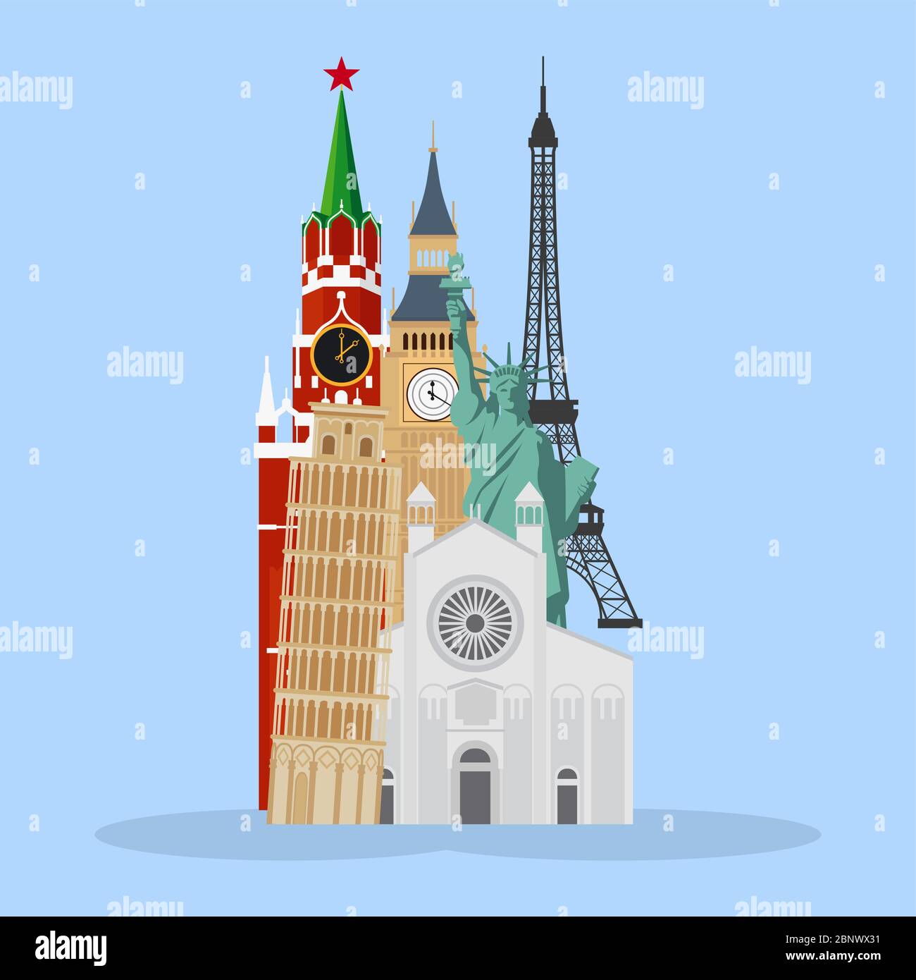 Landmarks cartoon illustration on light blue background. Vector ...