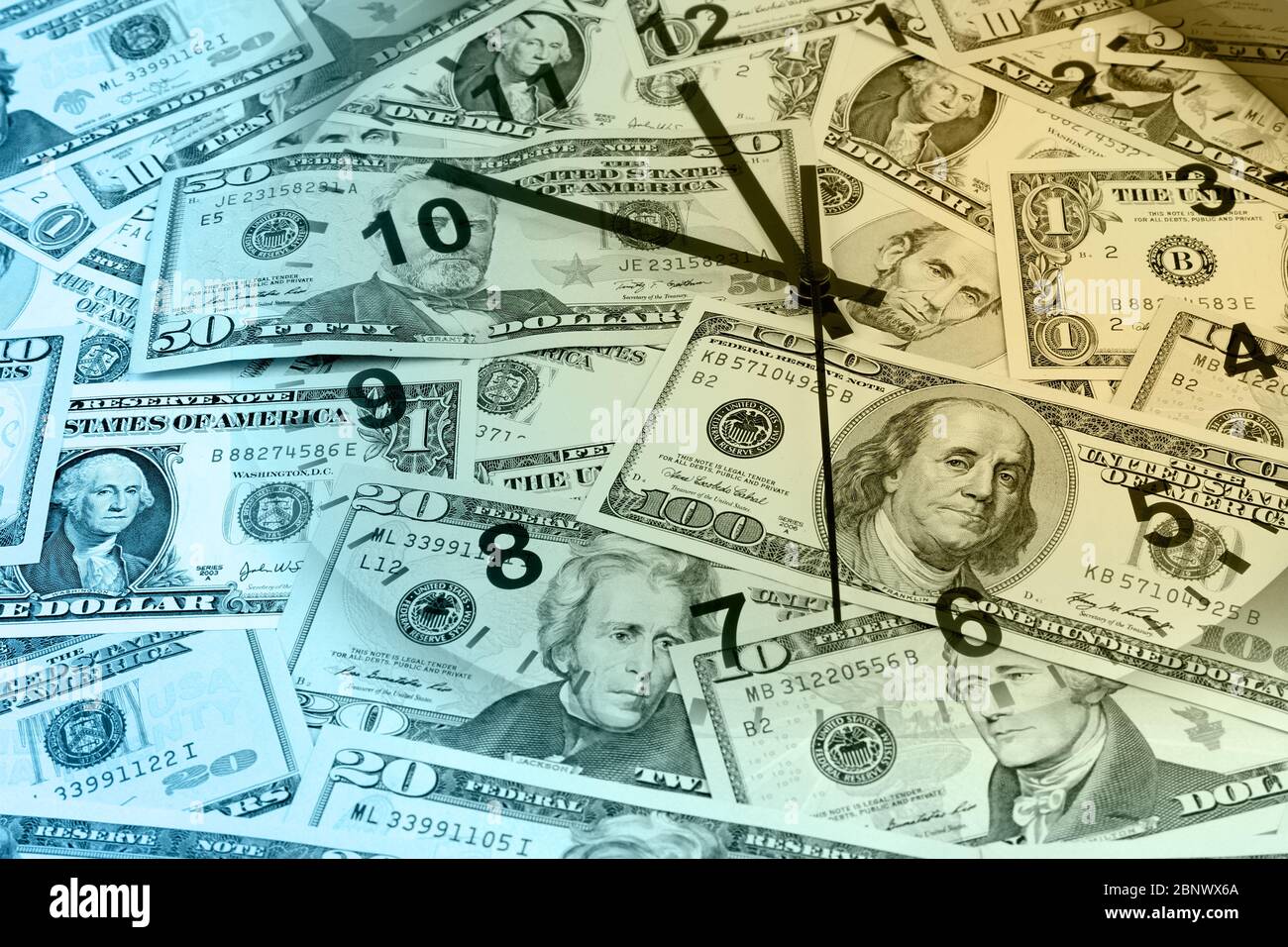 Clock and American banknotes. Time is money idea Stock Photo - Alamy