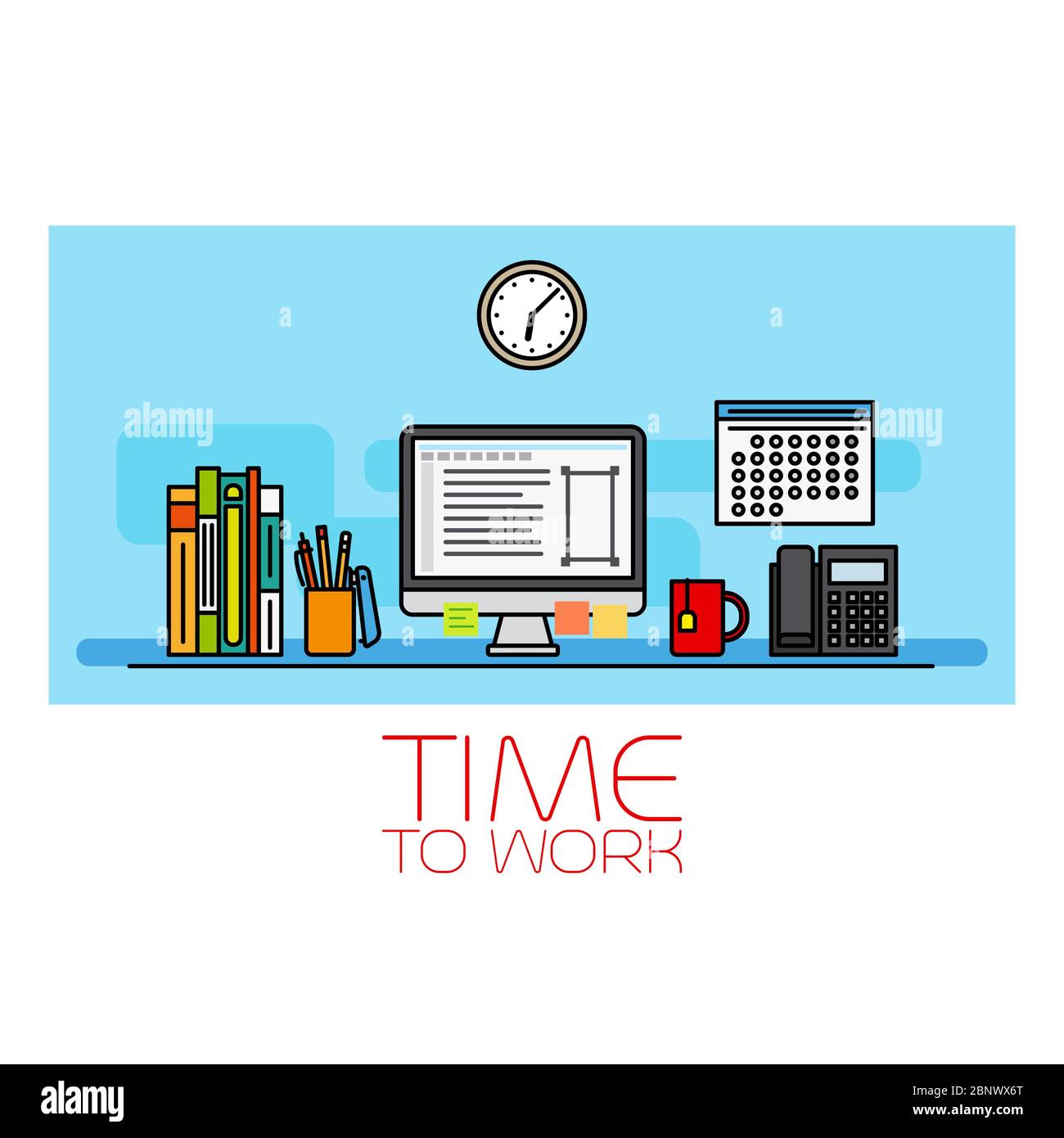 Time to work horizontal banner with wall clock and computer vecrot ...