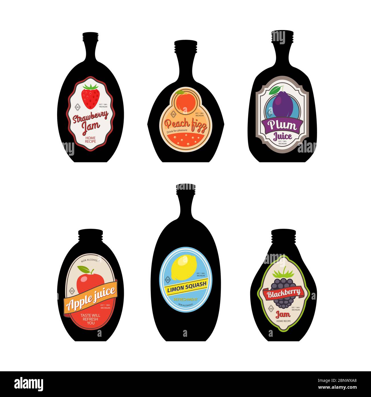 Bottles silhouettes with vintage labels for fruit juice, jam, squash ...