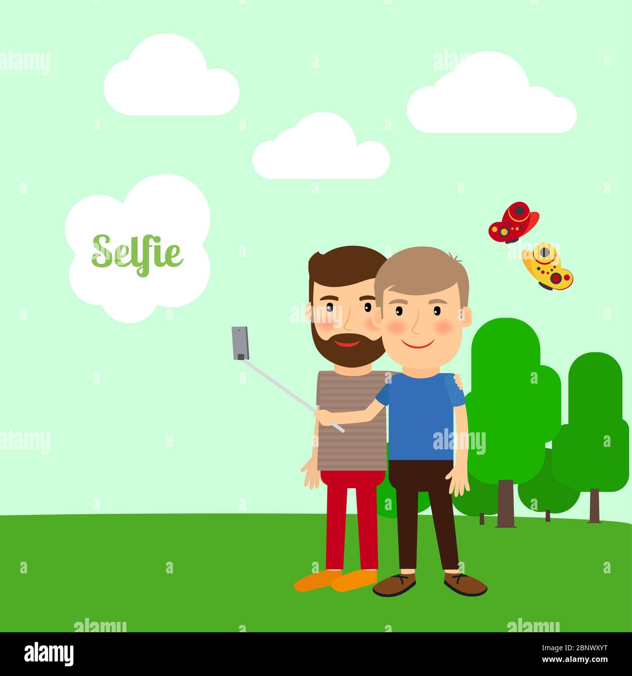 Two boys taking selfie in the park, cartoon vector illustration Stock ...
