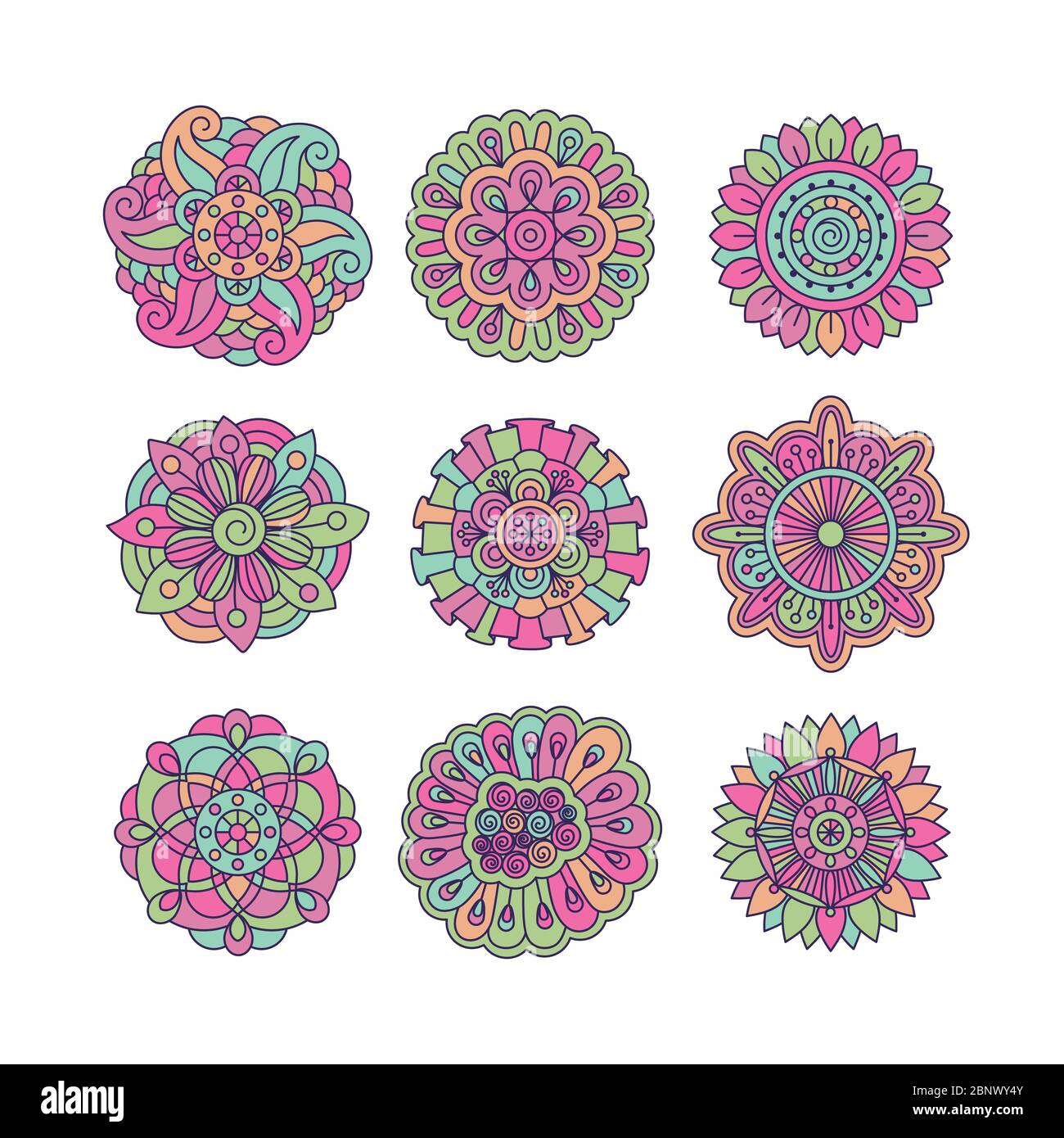 Colorful symmetrical doodle floral elements set. Vector illustration ...