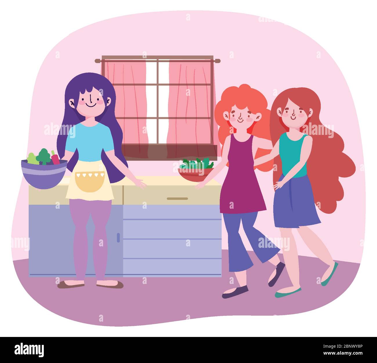 people cooking, little girls with food in bowls kitchen design vector ...