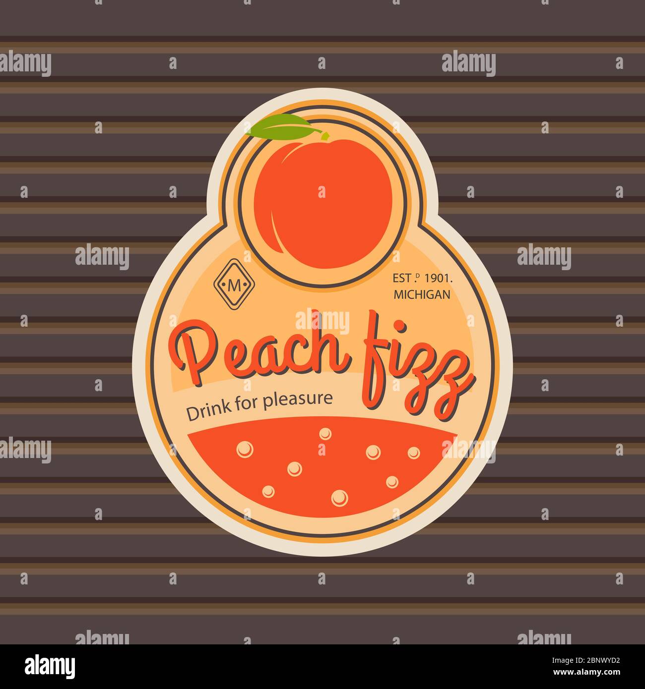 Peach fizz retro fruit label and simple pattern backdrop. Vector ...