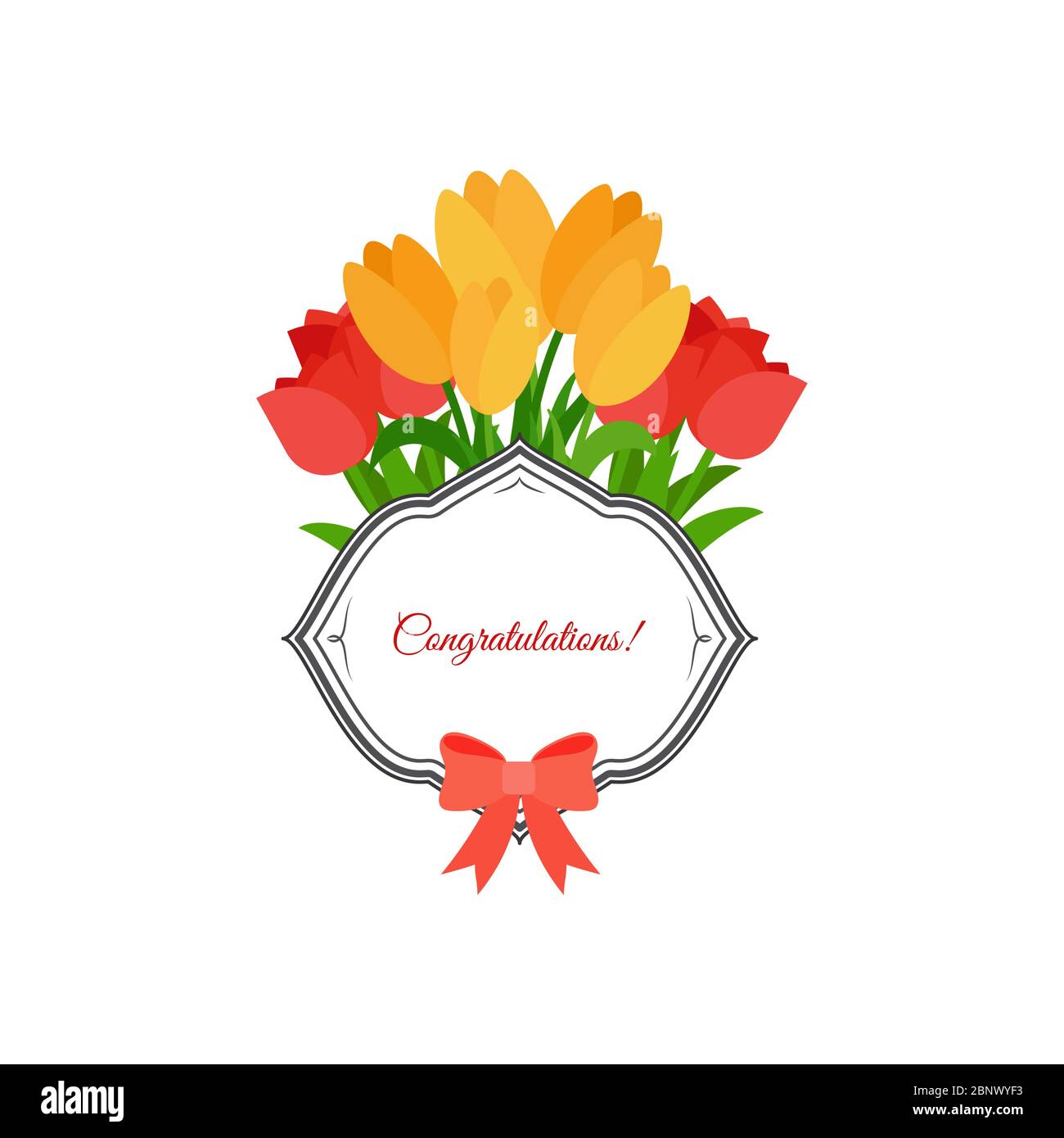 Congratulations label design with pink and yellow tulips and bow ...