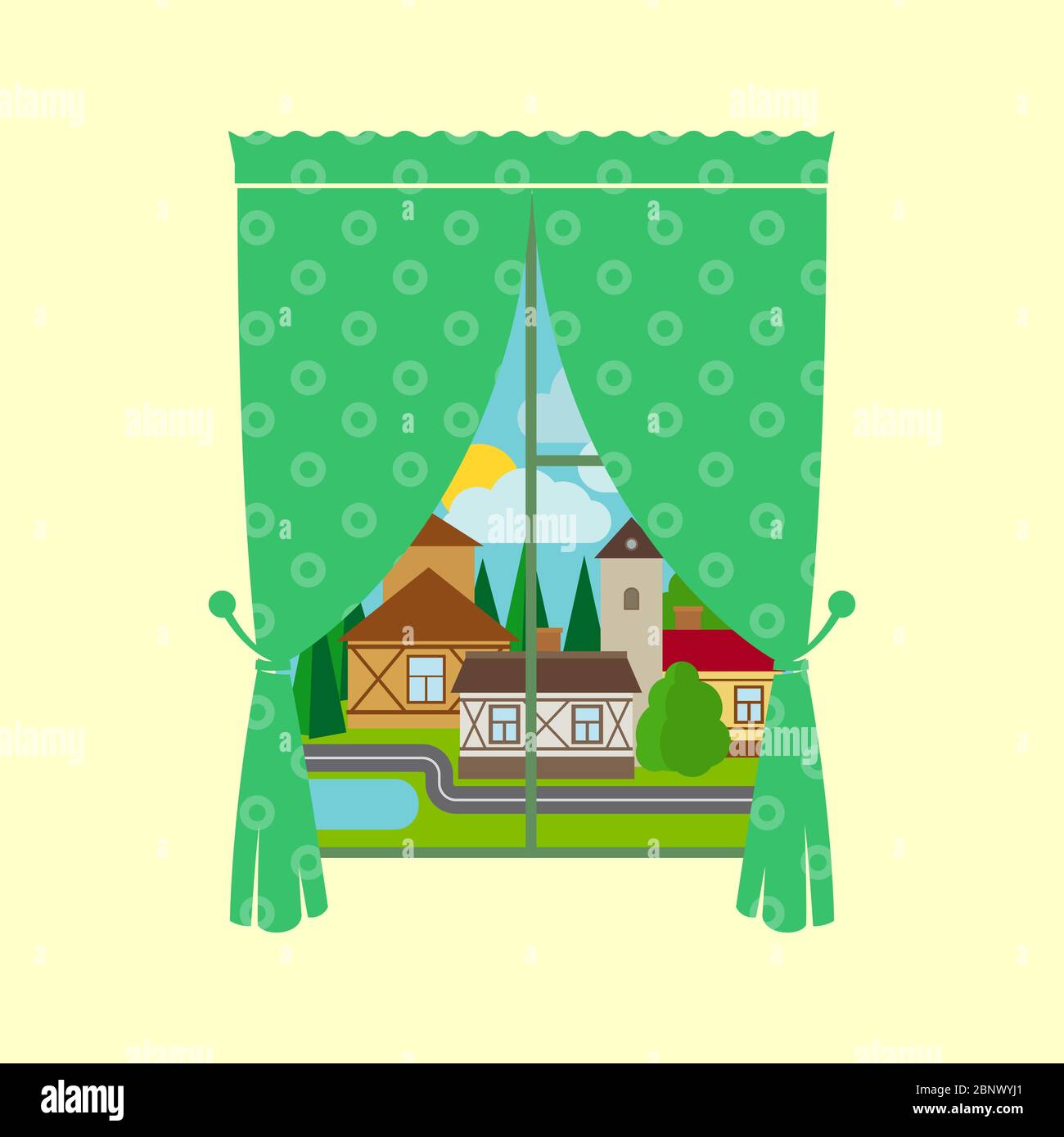 Cute window curtain with sunny city landscape. Vector illustration ...