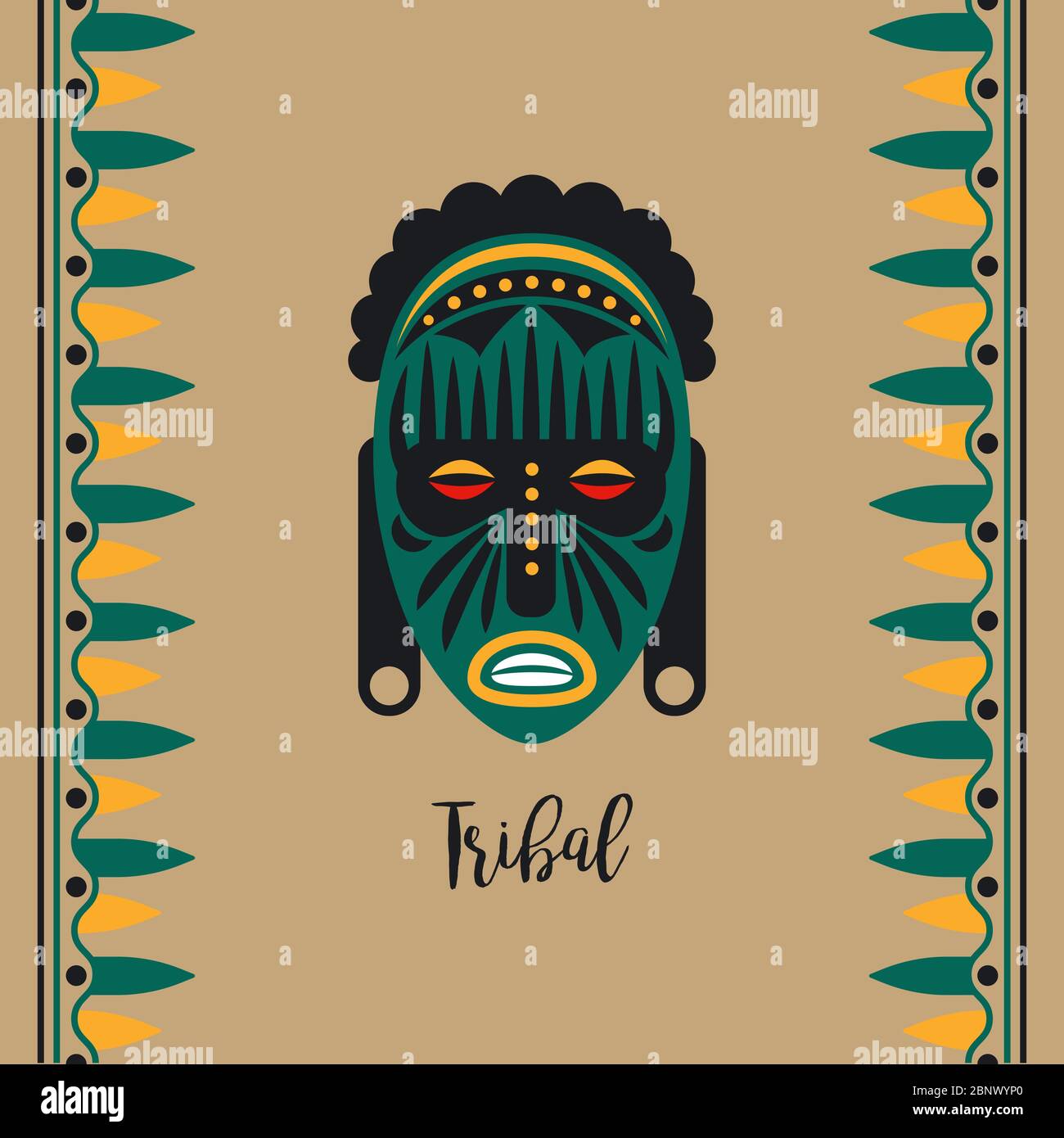 Dark green tribal style card with mask and borders vector illustration ...