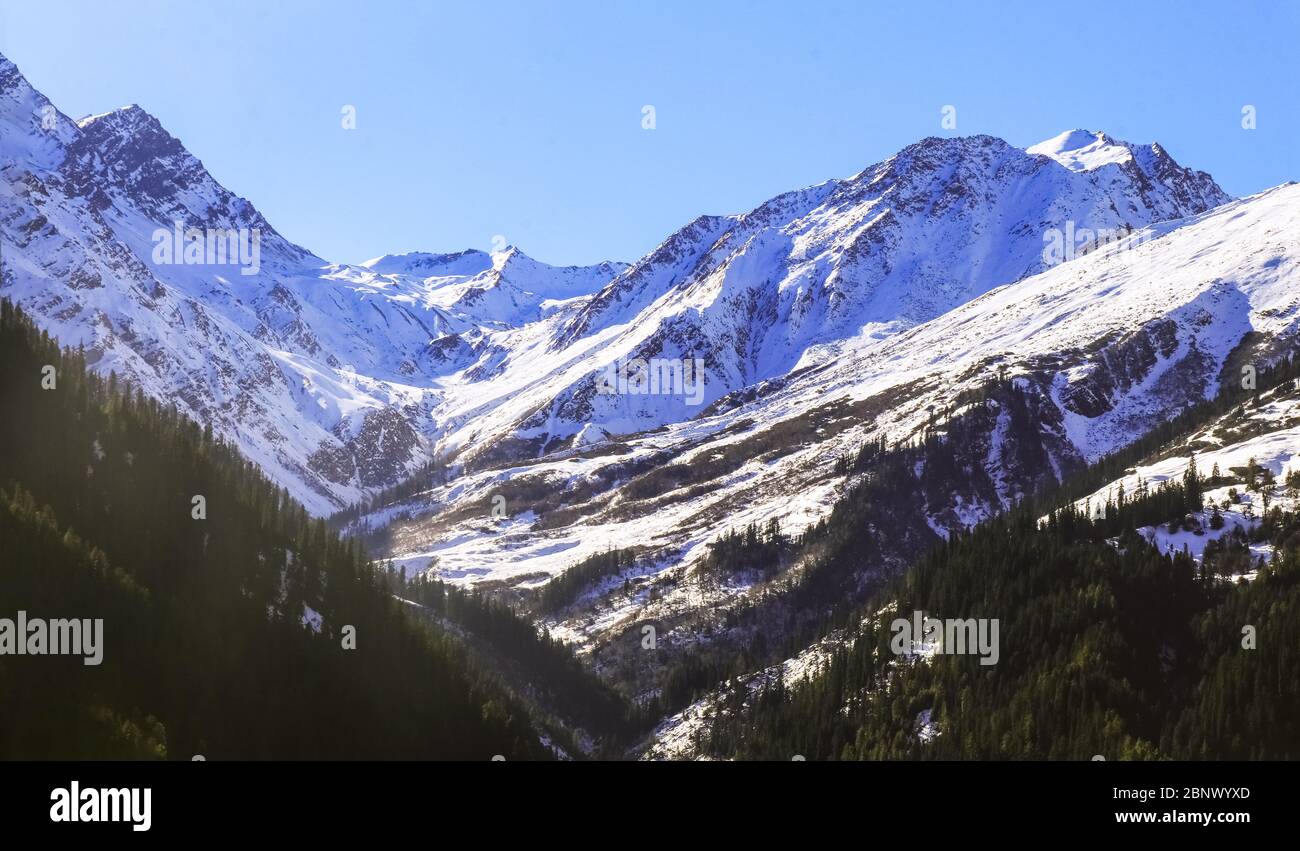 Snow landscape of the morning sunlight falling on the huge snowy ...