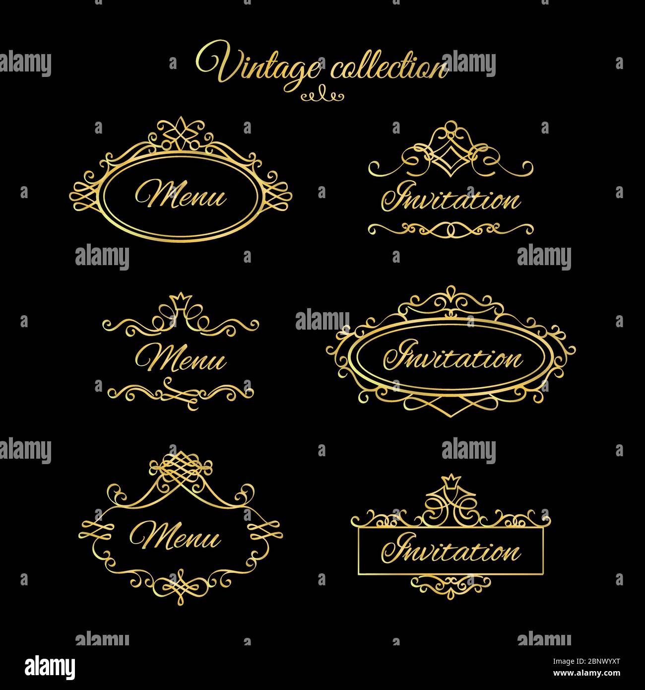 Golden calligraphic vignettes for menu and flourishes frames for ...