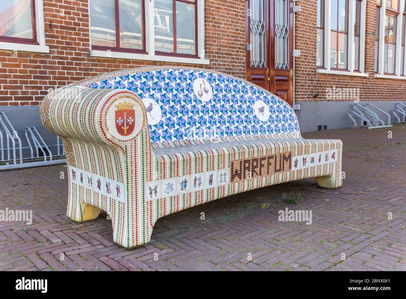 Ceramic bench in the historic center of Warffum, Netherlands Stock ...