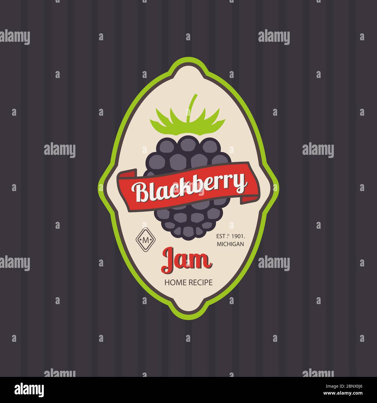 Blackberry jam retro fruit label and simple pattern backdrop. Vector ...