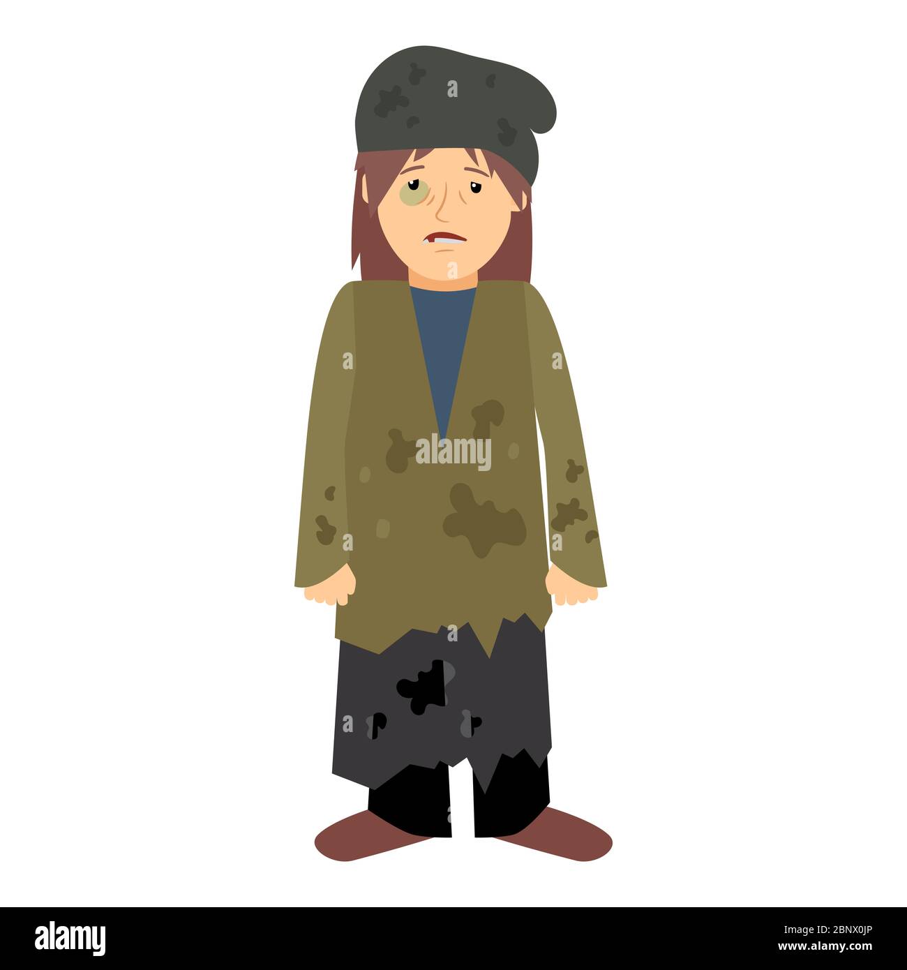 Homeless woman with black eye on white background. Vector illustration ...