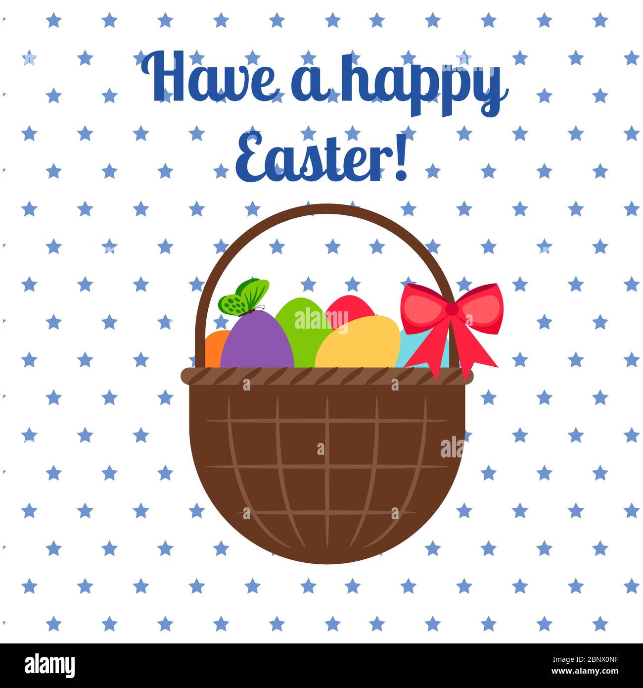 Happy Easter white vertical greeting card with basket on dotted ...