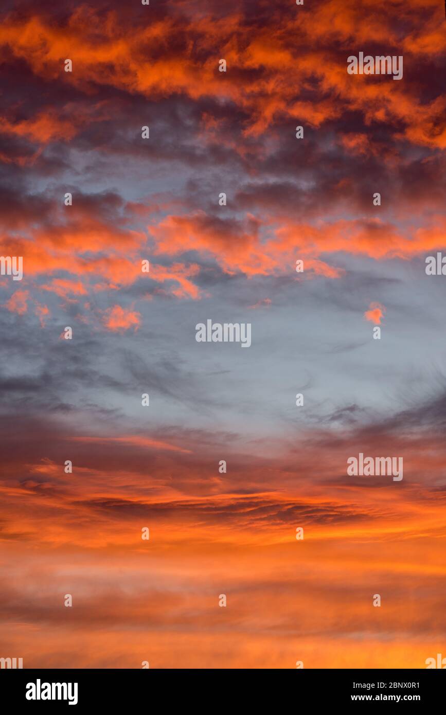 Sunset orange red sky with clouds background Stock Photo - Alamy