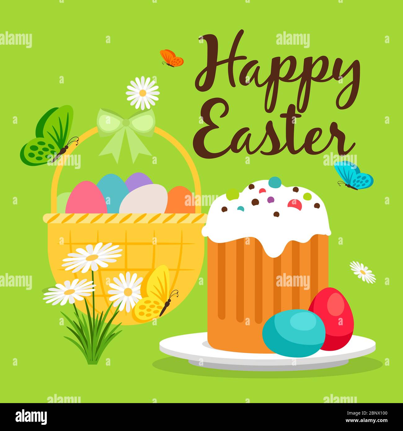 Happy easter greeting card template with Easter basket and Easter cake ...