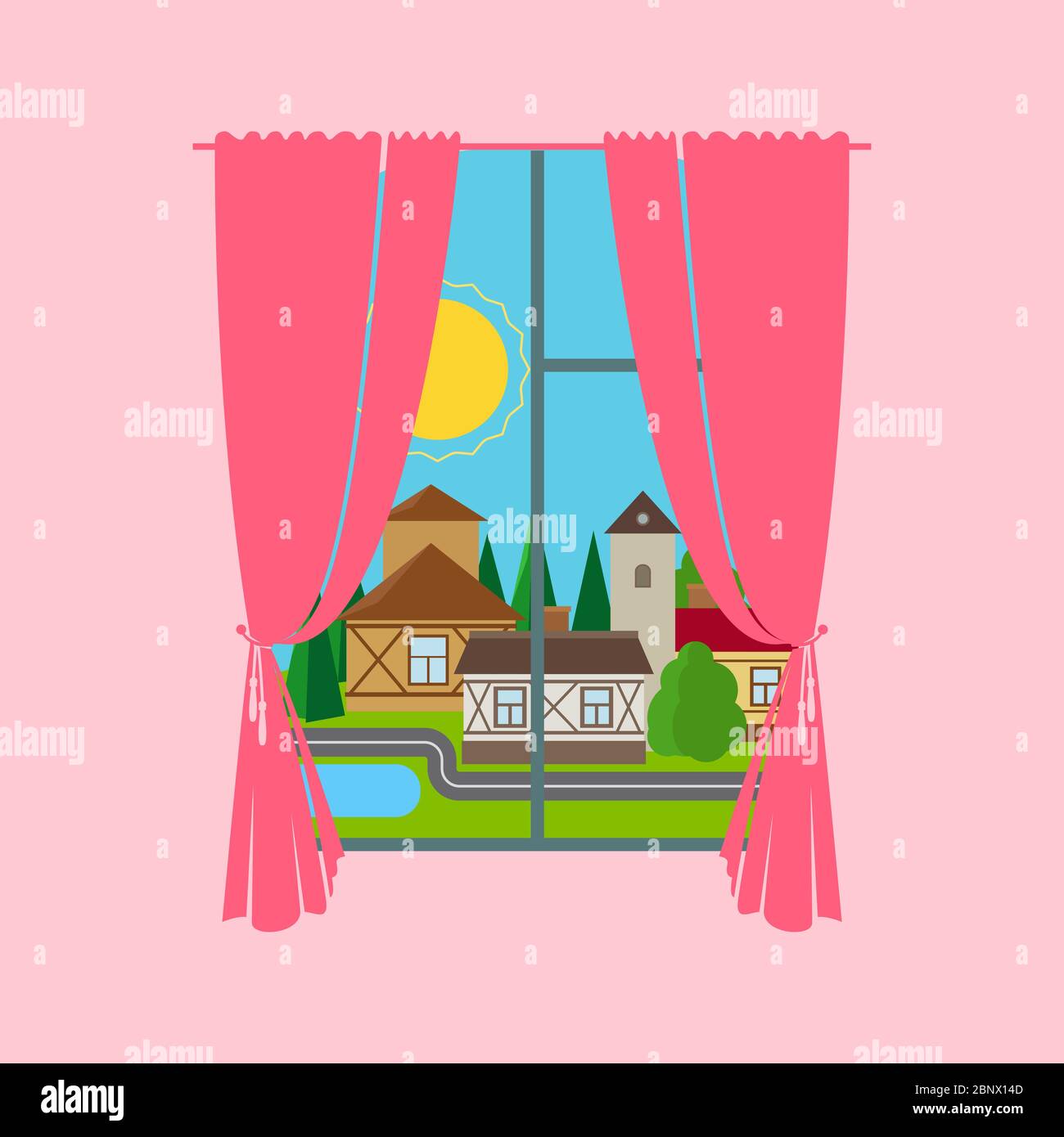 Cute pink window curtain with city landscape. Vector illustration Stock ...