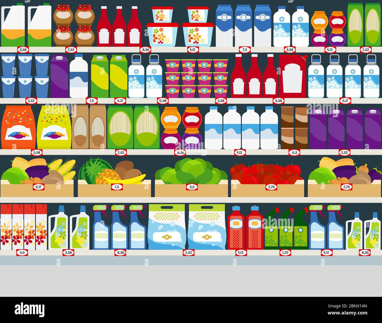 Horizontal vector background, store shelves with groceries products ...