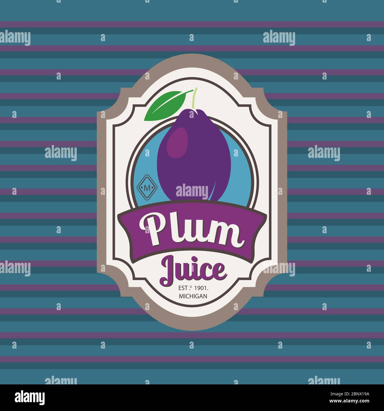 Plum juice retro fruit label and simple pattern backdrop. Vector ...