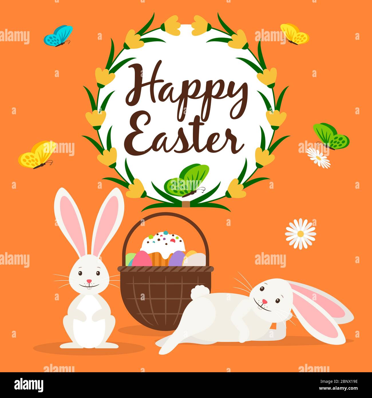 Happy easter greeting card template with rabbits and Easter basket ...