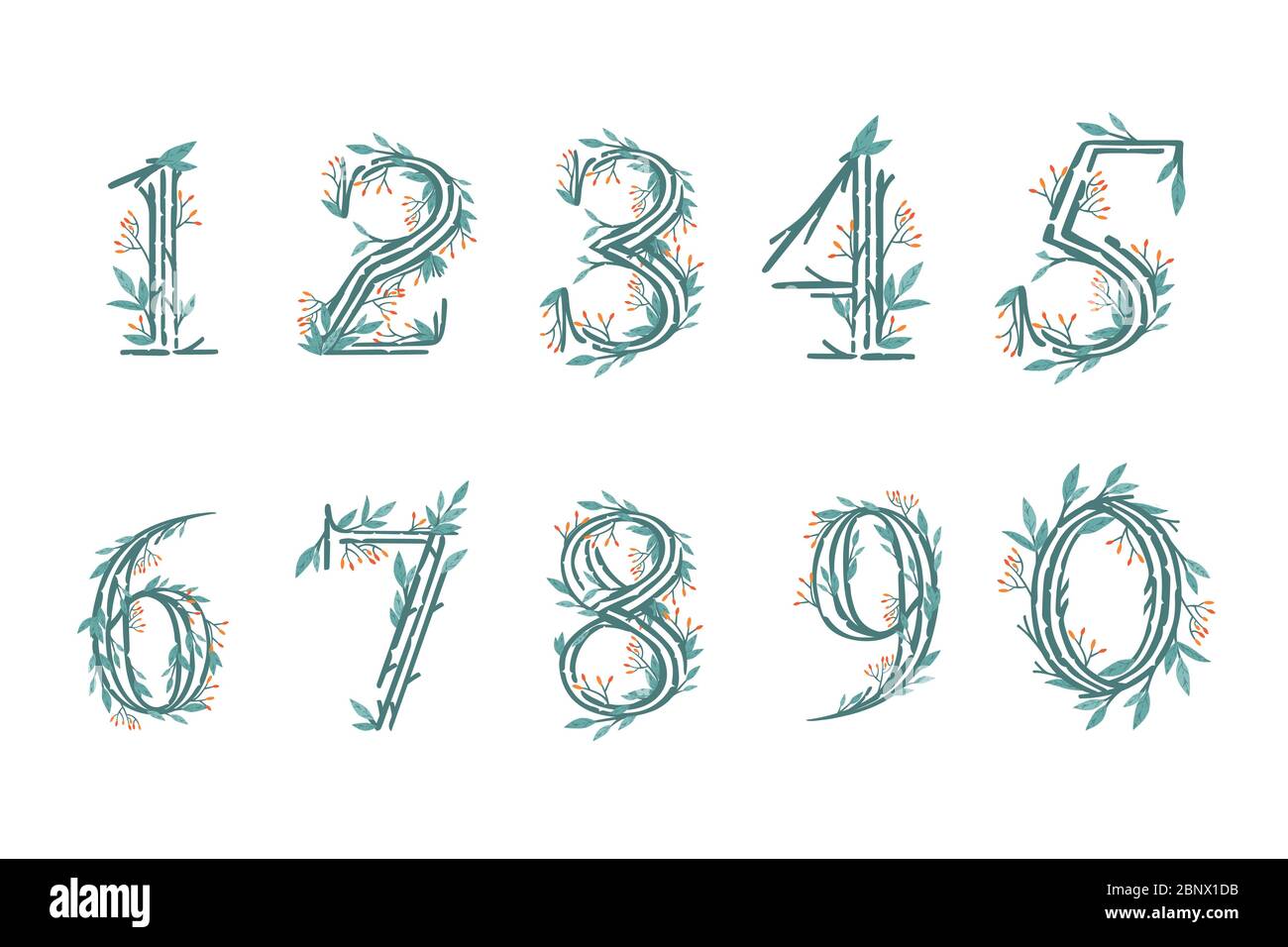 Set of numbers 0 to 9 tree branches with green leaves and berries ...