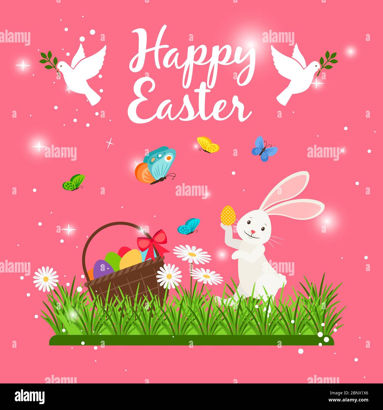 Happy easter card template with cute white rabbit and bunny eggs shaped ...