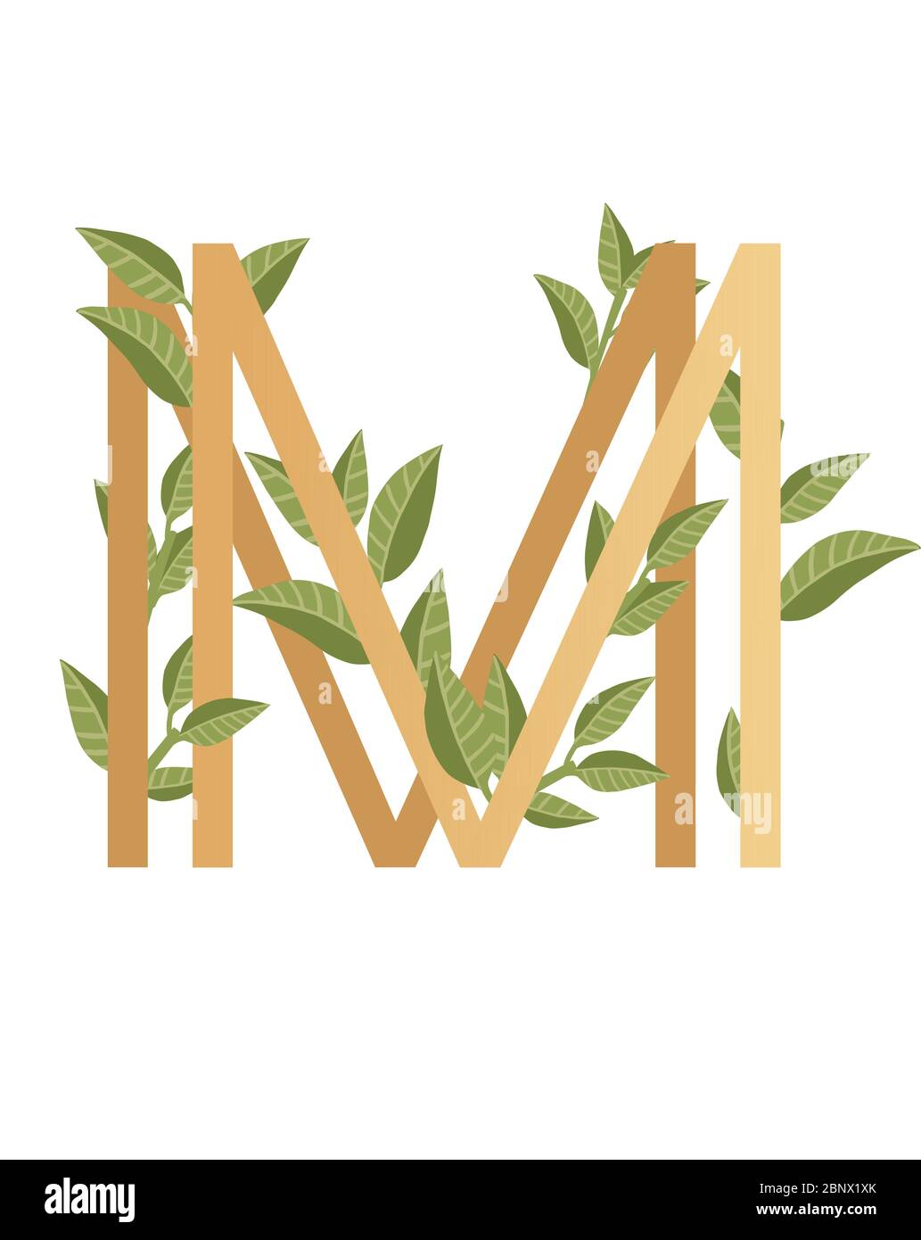 Letter M with gradient style beige color covered with green leaves eco ...