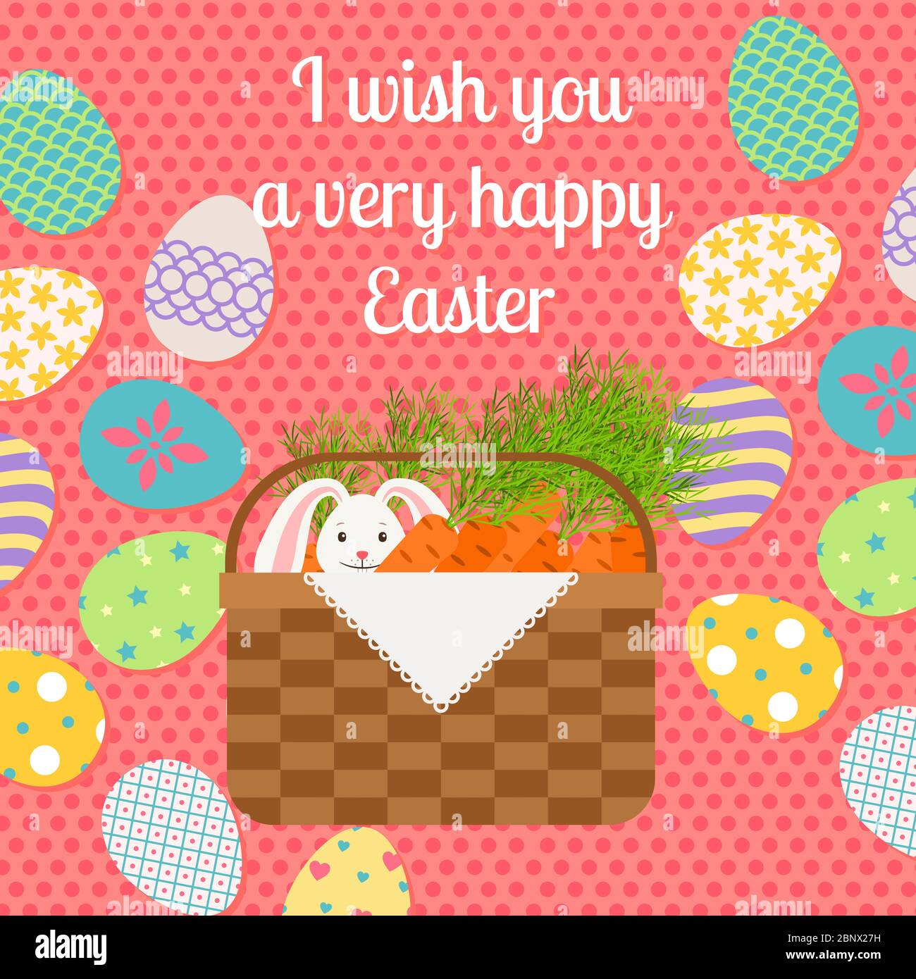 Happy Easter pink vertical greeting card with rabbit and Easter basket ...