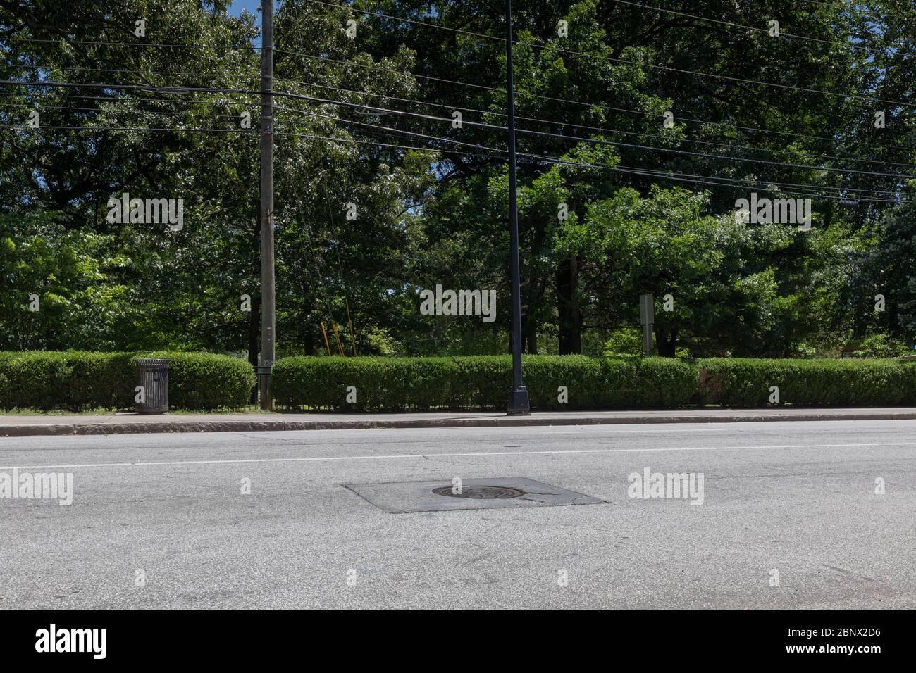 Asphalt street with formed curb alongside a public park, bushes and ...