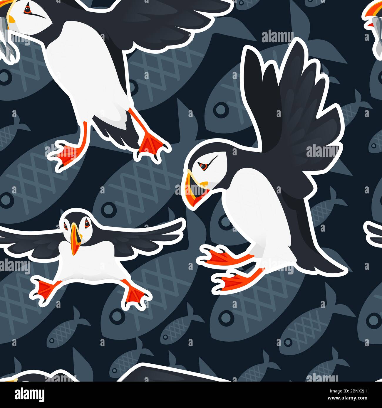 Seamless pattern atlantic puffin bird cartoon animal design flat vector ...