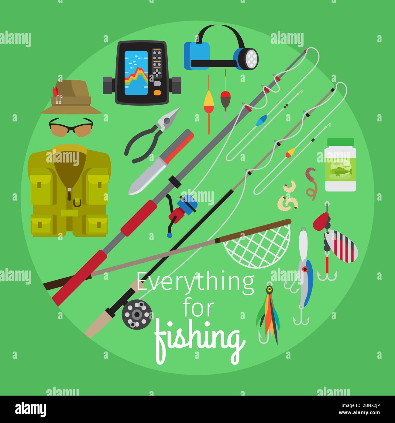 Everything for fishing vector cartoon illustration in circle shape on ...