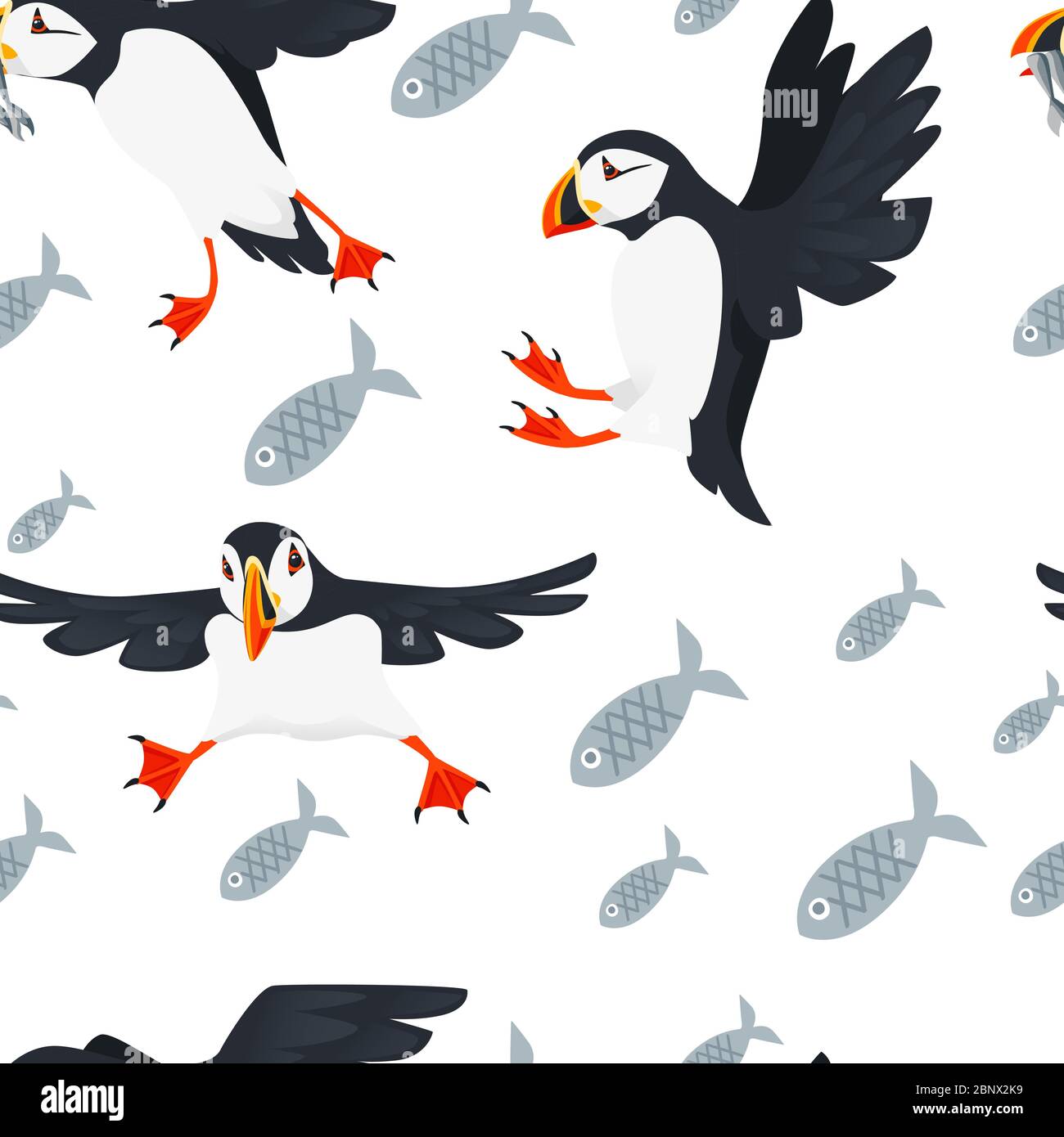 Seamless pattern atlantic puffin bird cartoon animal design flat vector ...
