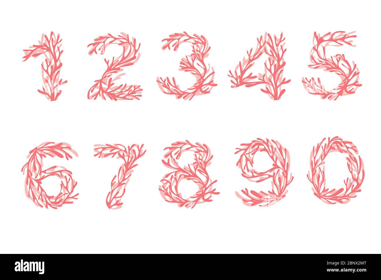 Set of numbers 0 to 9 pink colored seaweeds underwater ocean plant sea ...
