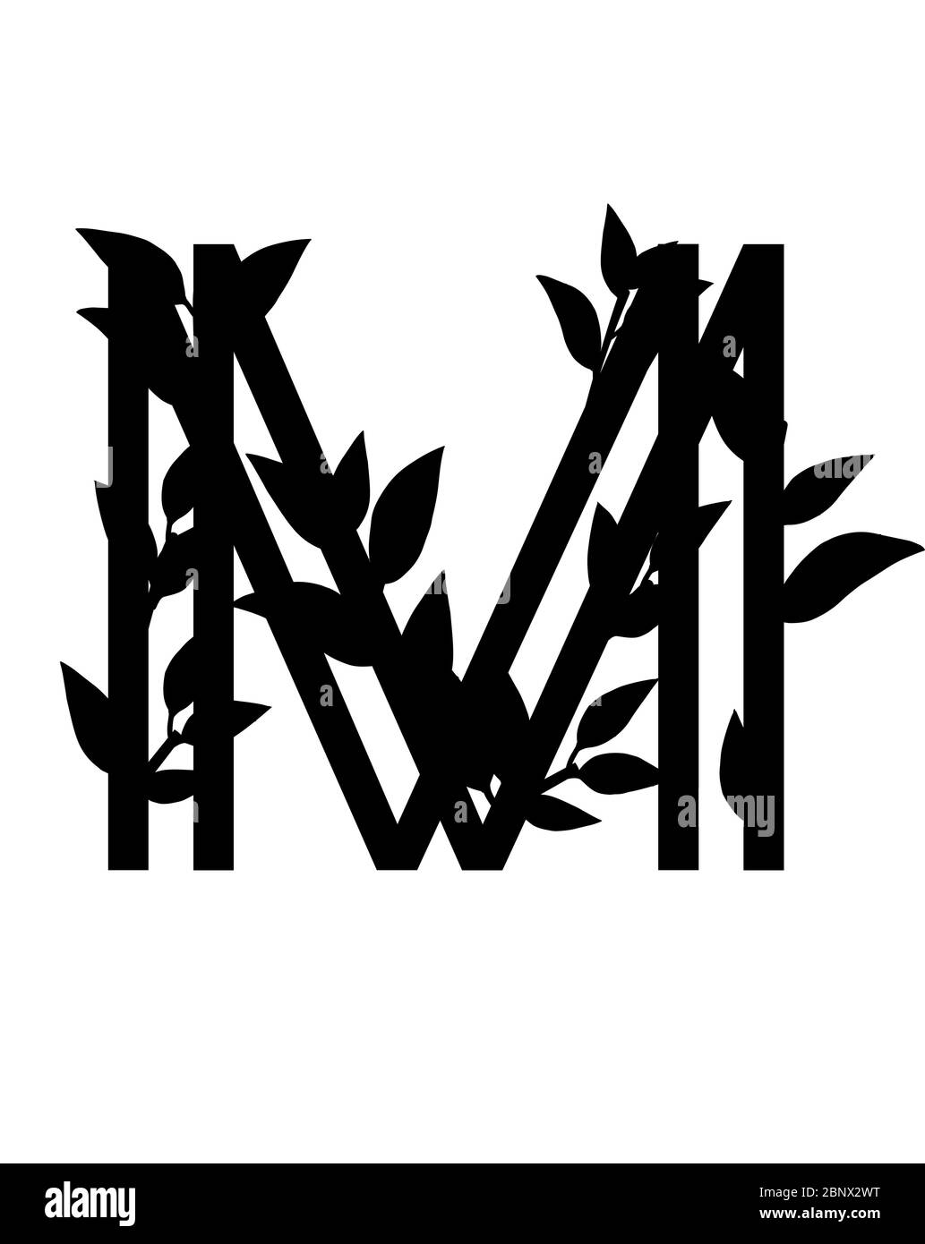 Black silhouette letter M with covered leaves eco font flat vector ...