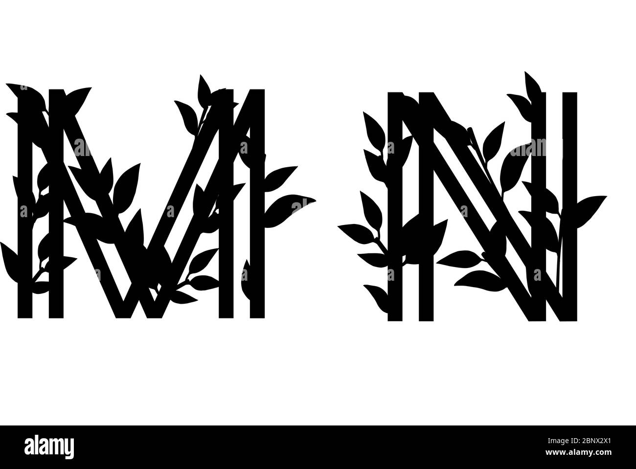 Black silhouette letter N with covered leaves eco font flat vector ...
