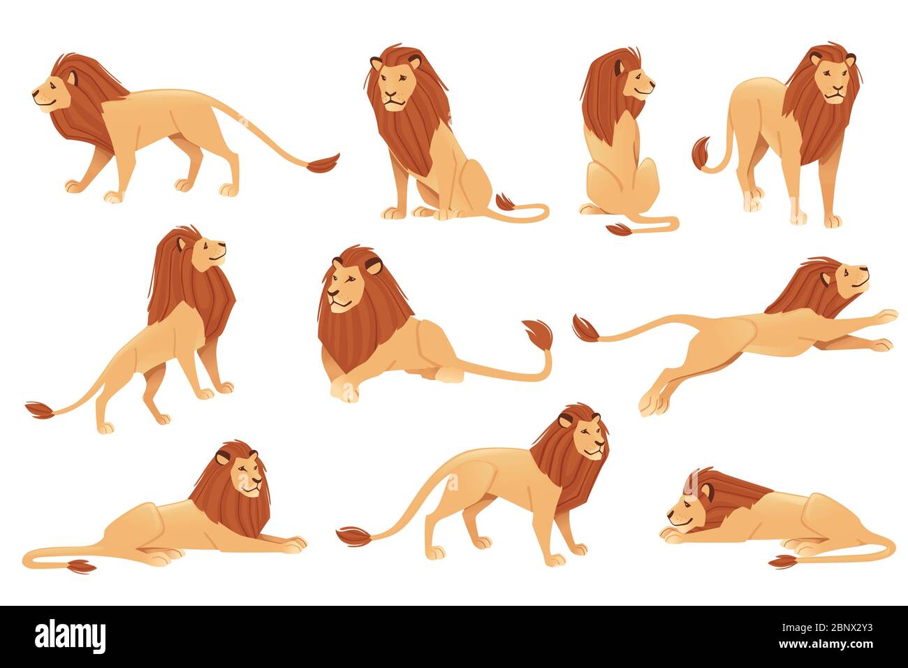 Set of male proud powerful cute lion character cartoon style animal ...