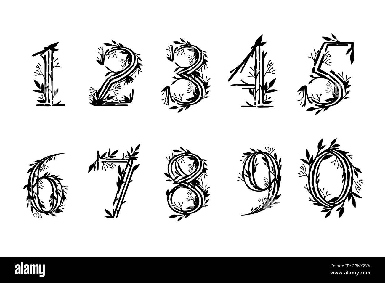 Black silhouette set of numbers 0 to 9 tree branches with leaves ...