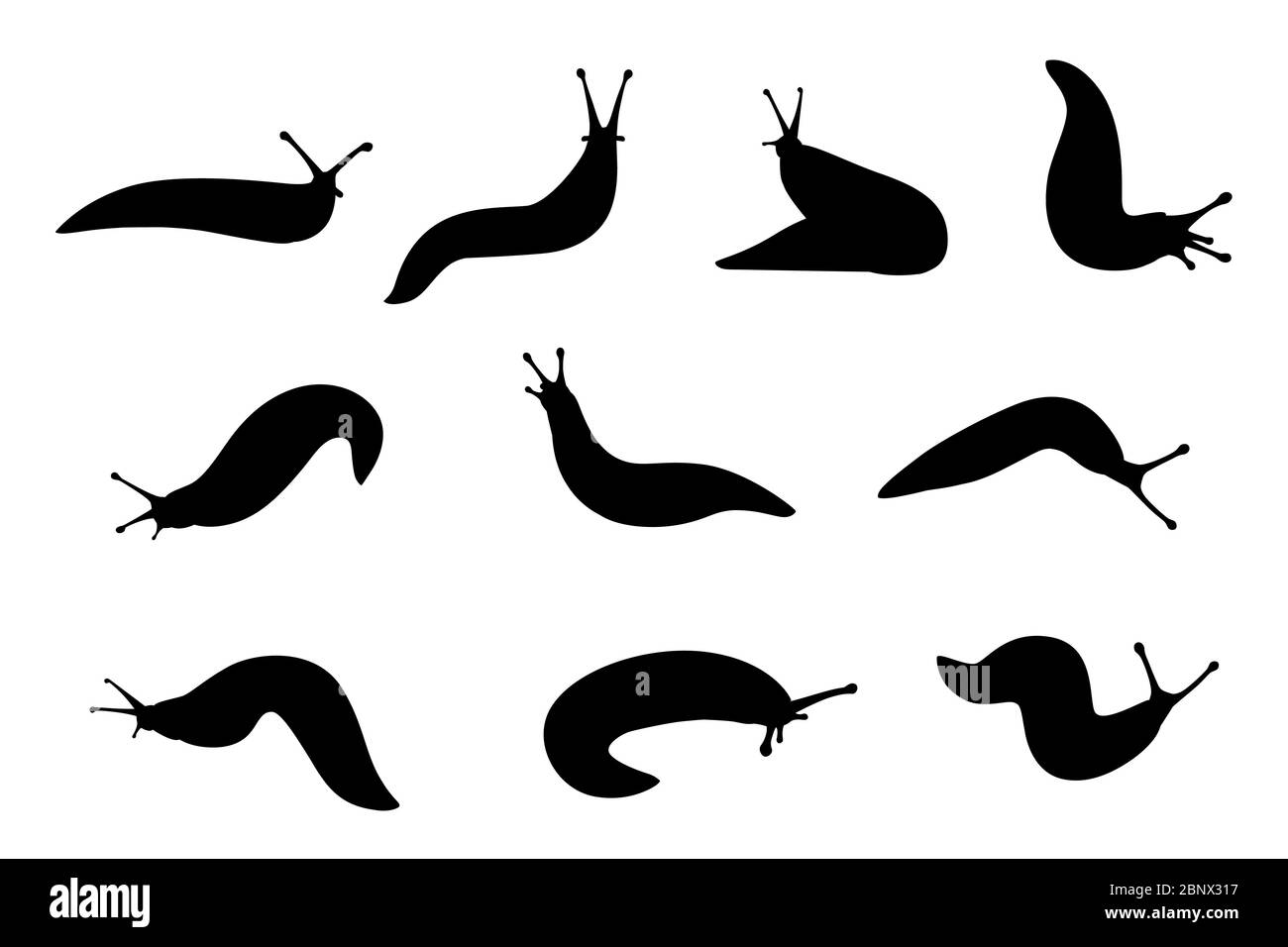 Set of black silhouette slug cartoon animal design flat vector ...