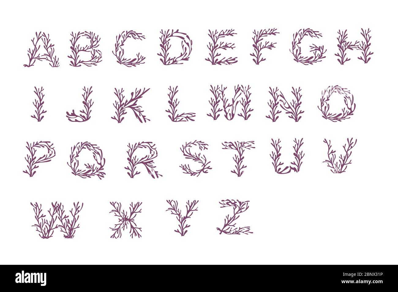 Set of letters alphabet purple colored seaweeds underwater ocean plant ...