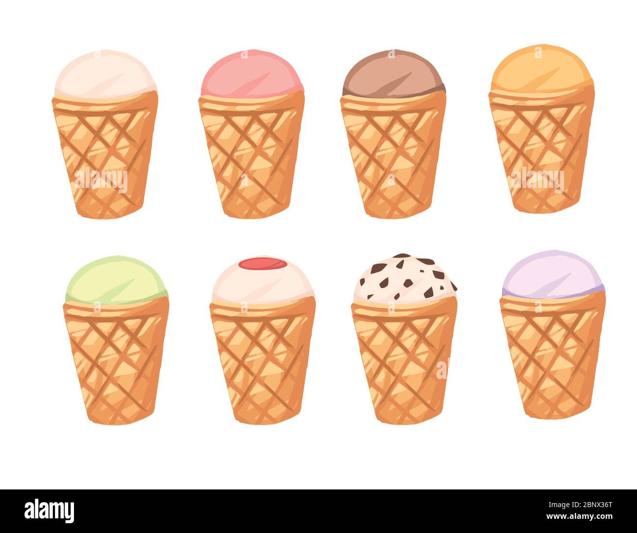 Set of ice cream flavors in waffle cones with different color flat ...