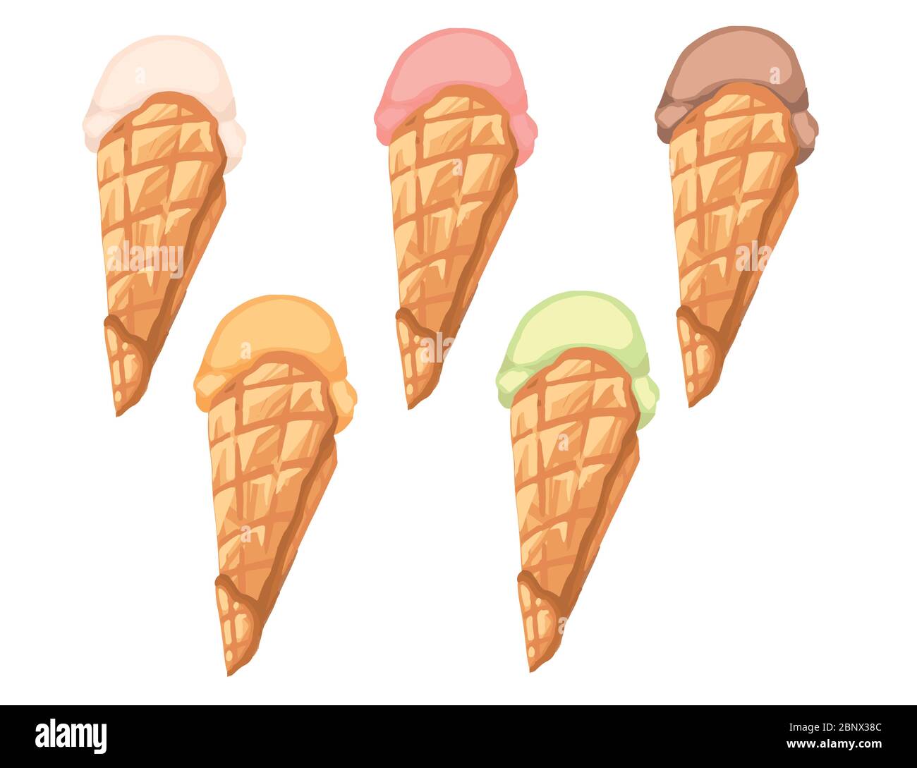 Set of ice cream flavors in waffle cones with different color flat ...