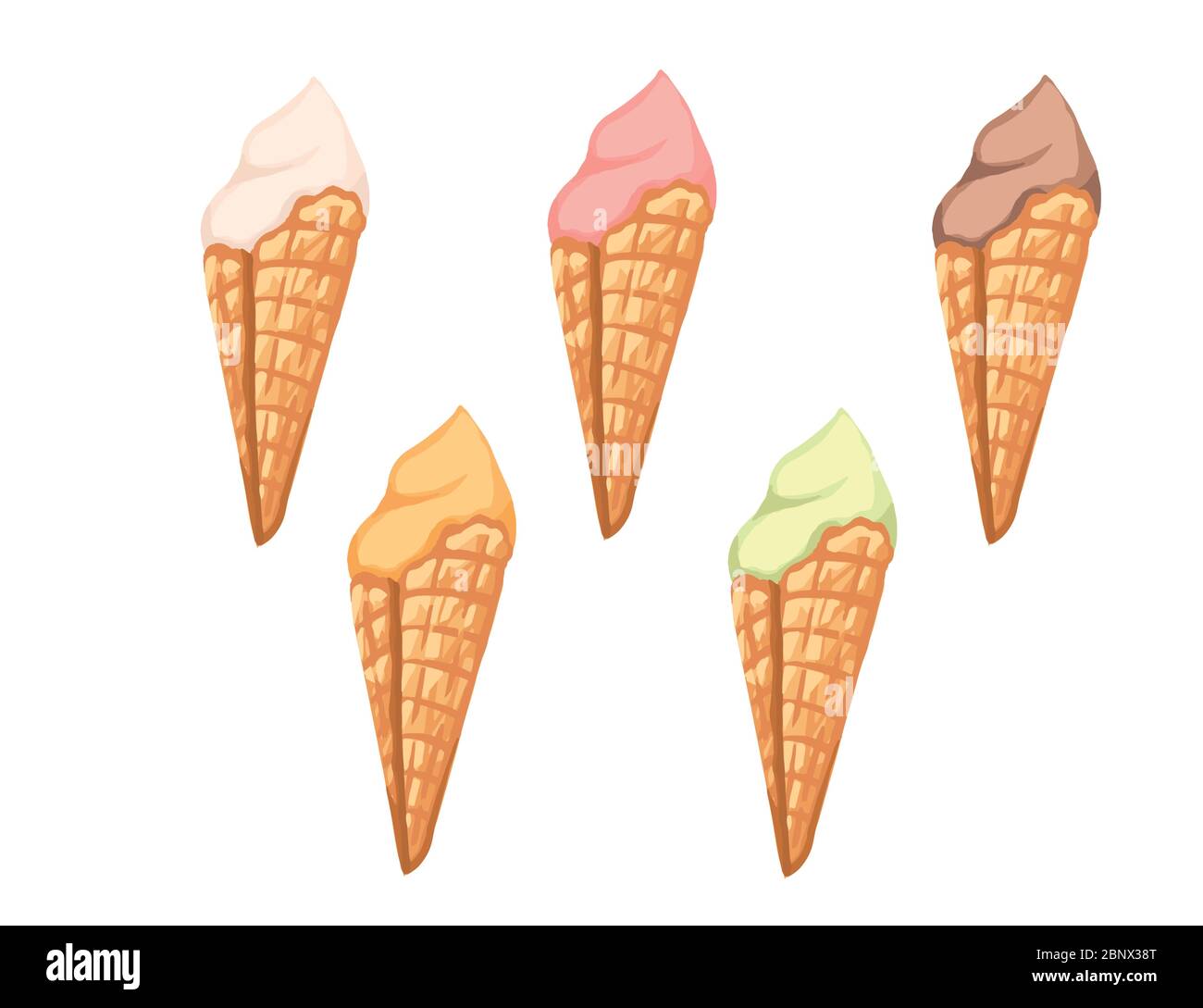 Set of ice cream flavors in waffle cones with different color flat ...
