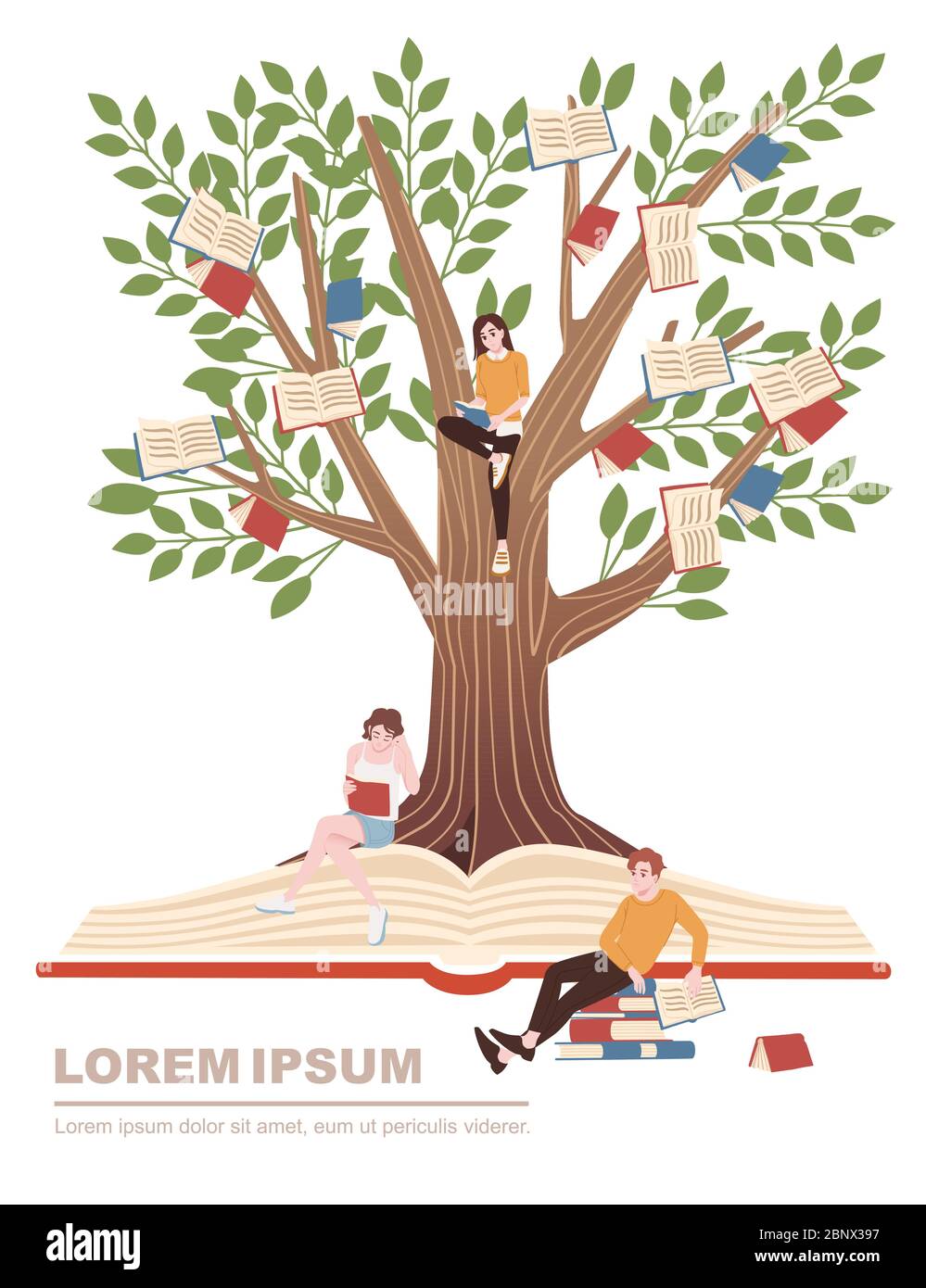 Education concept books growth on the tree and people studying cartoon ...