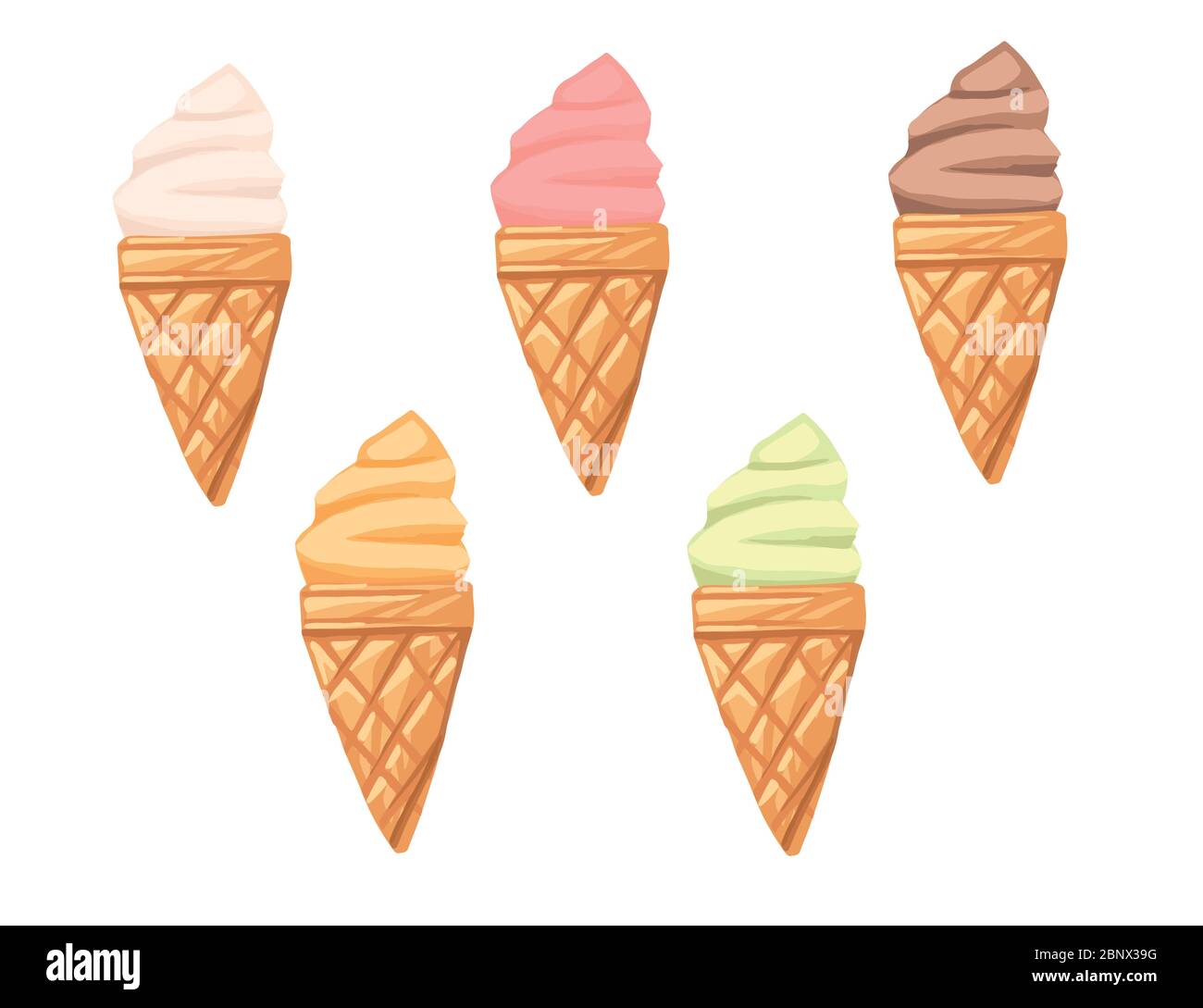 Set of ice cream flavors in waffle cones with different color flat ...