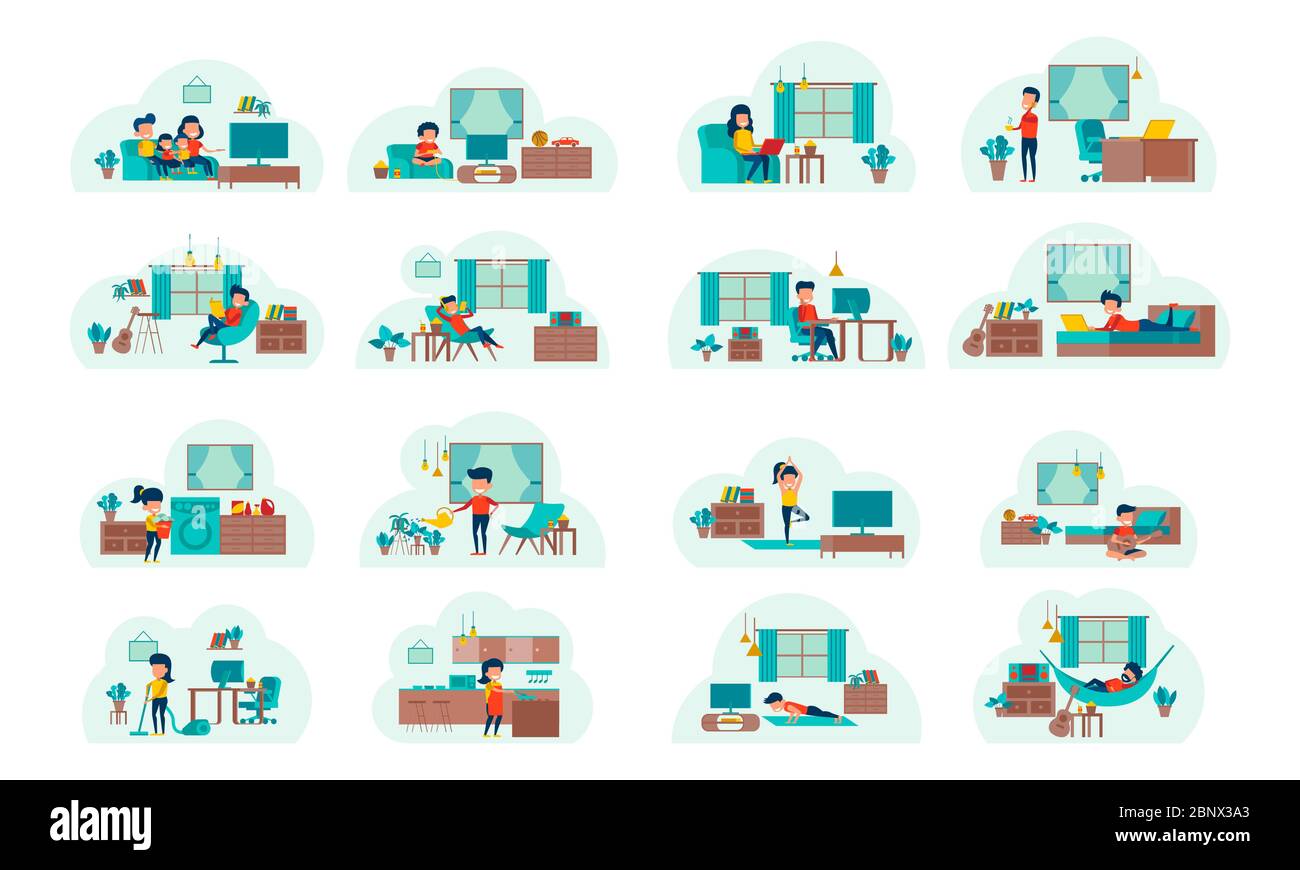 set of cartoon version of working home and stay home with flat design ...