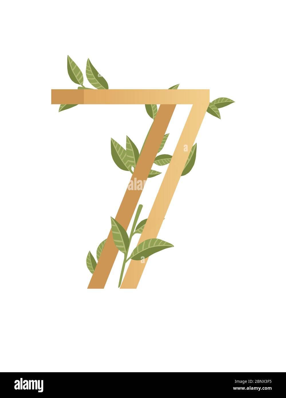 Number 7 with gradient style beige color covered with green leaves eco ...