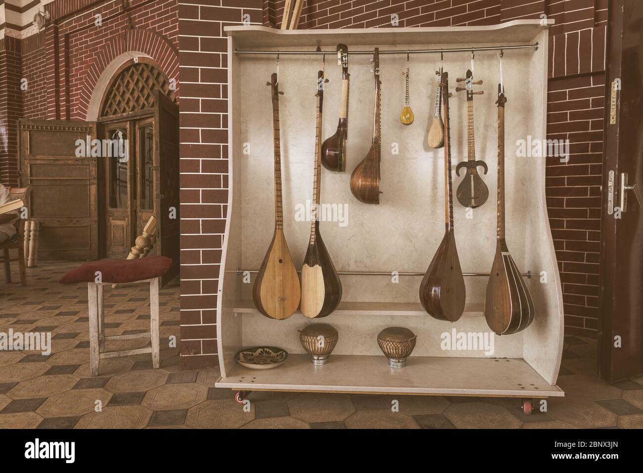 Traditional musical instruments handmade for sale at the Chorsu Bazaar ...