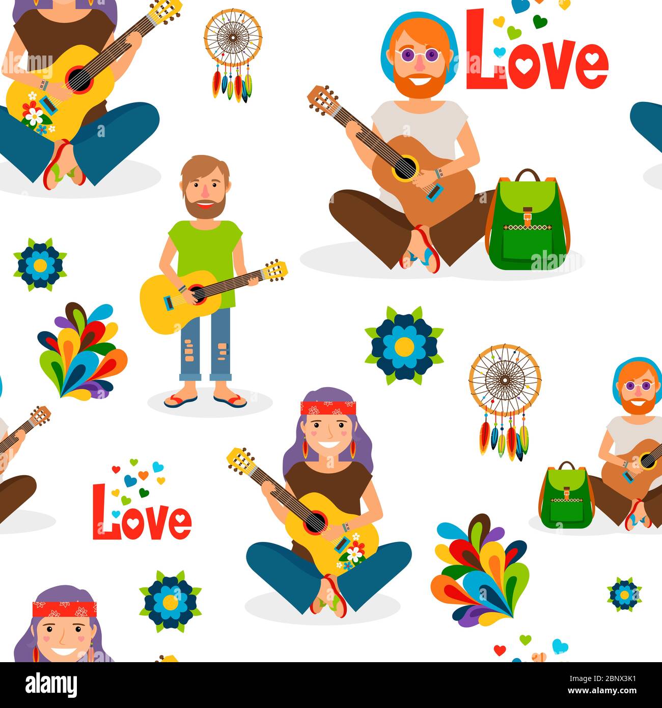 Hippie people with guitar seamless pattern. Vector illustration Stock ...