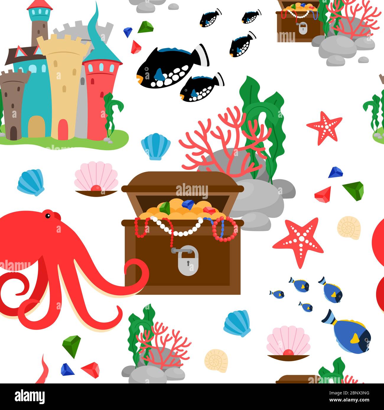 Cartoon sea animals and marine treasures seamless pattern. Vector ...