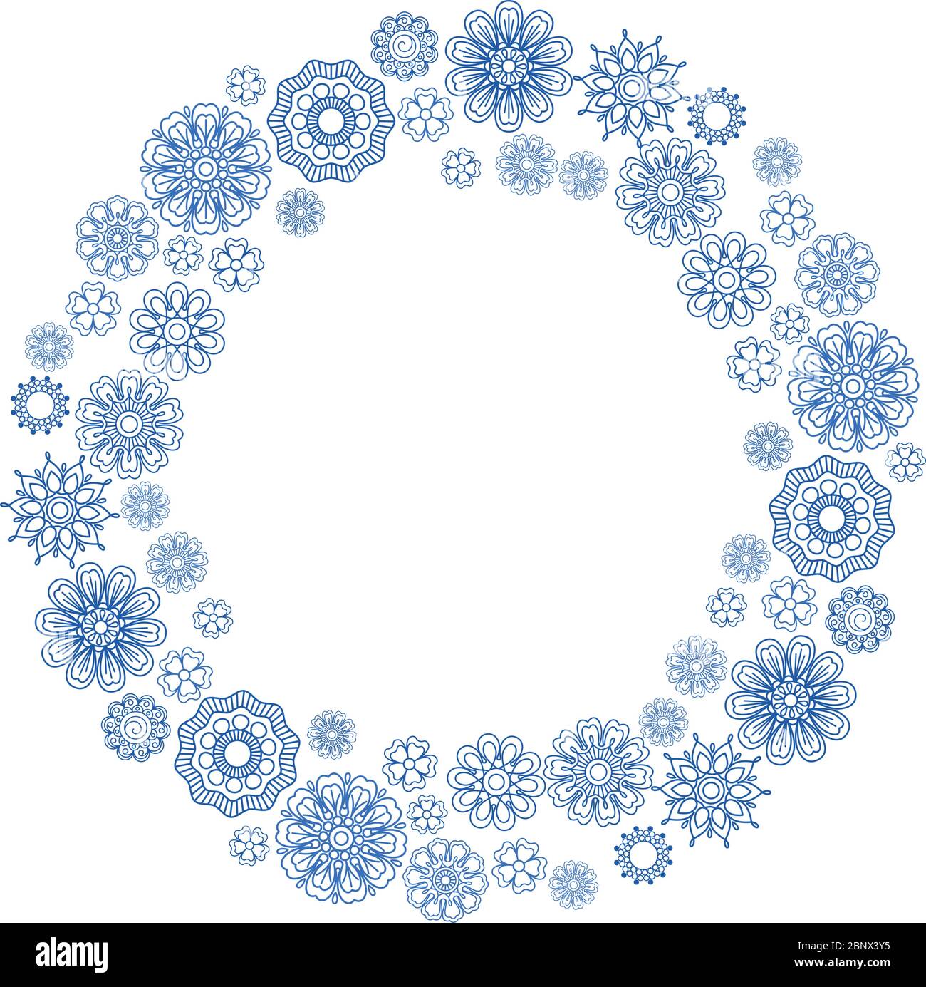 Cute blue line round frame with flowers mehendi style. Vector ...